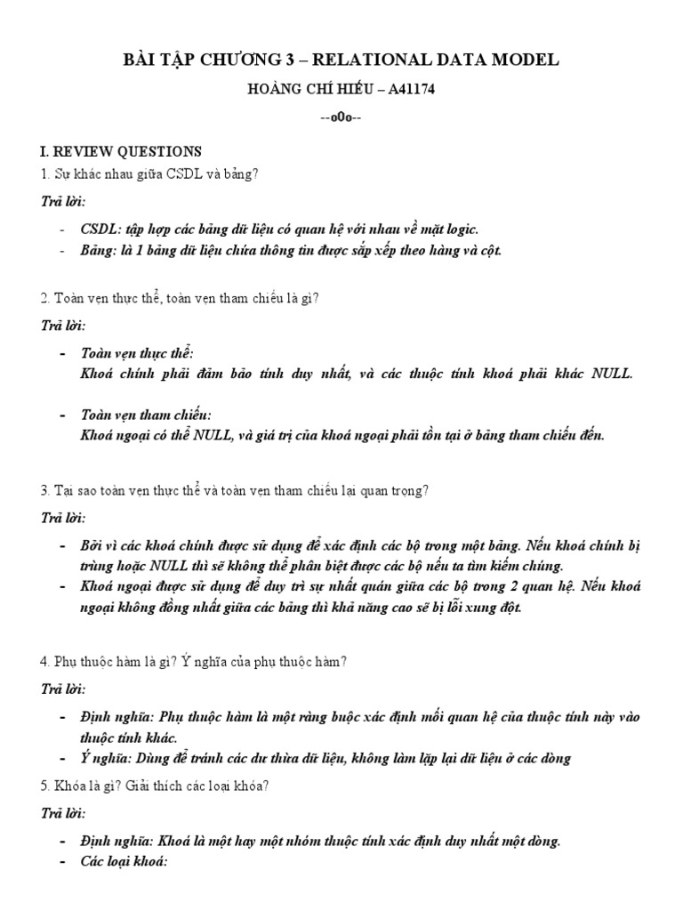 A41174 Hoàng Chí Hiếu Chapter3 Relational Data Model | PDF