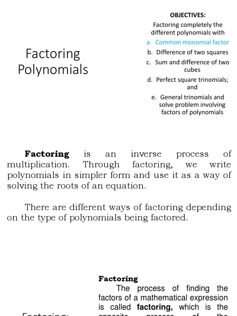 Grade 8 - Factoring-Polynomials | PDF | Factorization | Polynomial