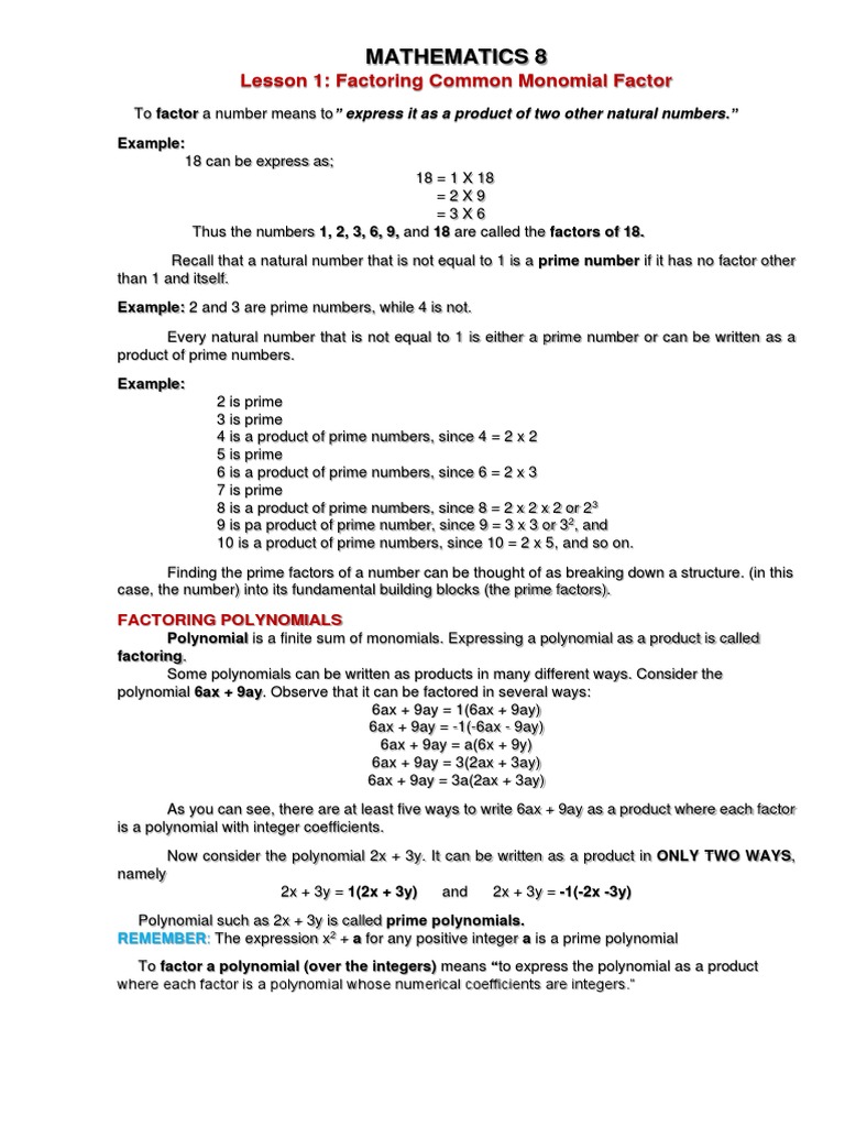 Grade 8 - FACTORING | PDF | Factorization | Prime Number