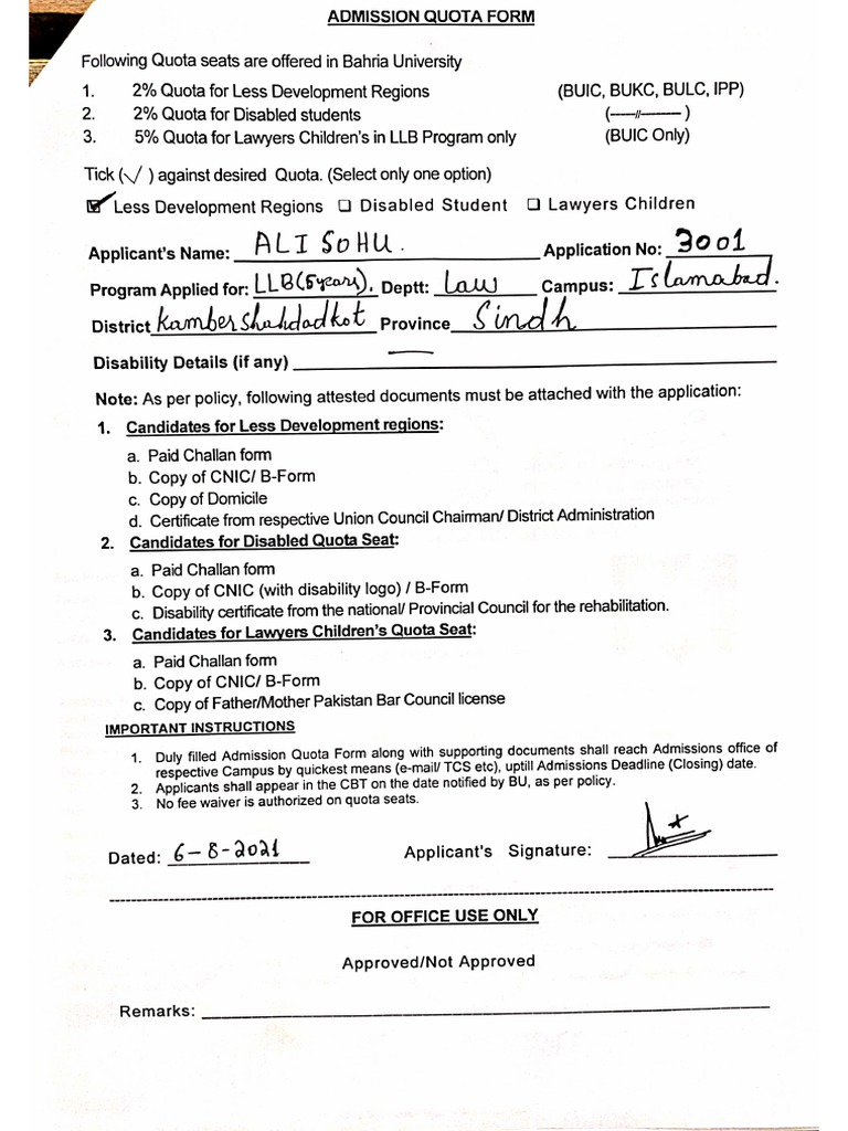 Admission Quota Form | PDF
