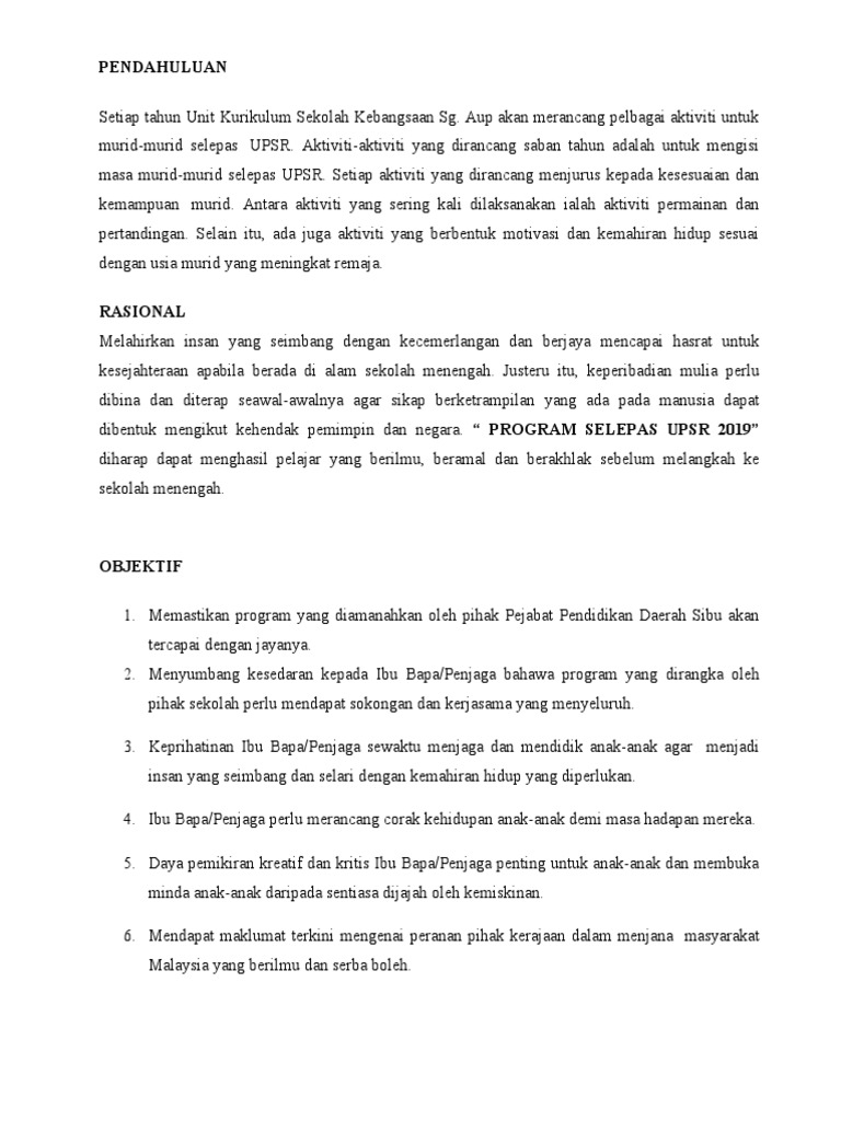 Kertas Kerja Program Selepas UPSR | PDF