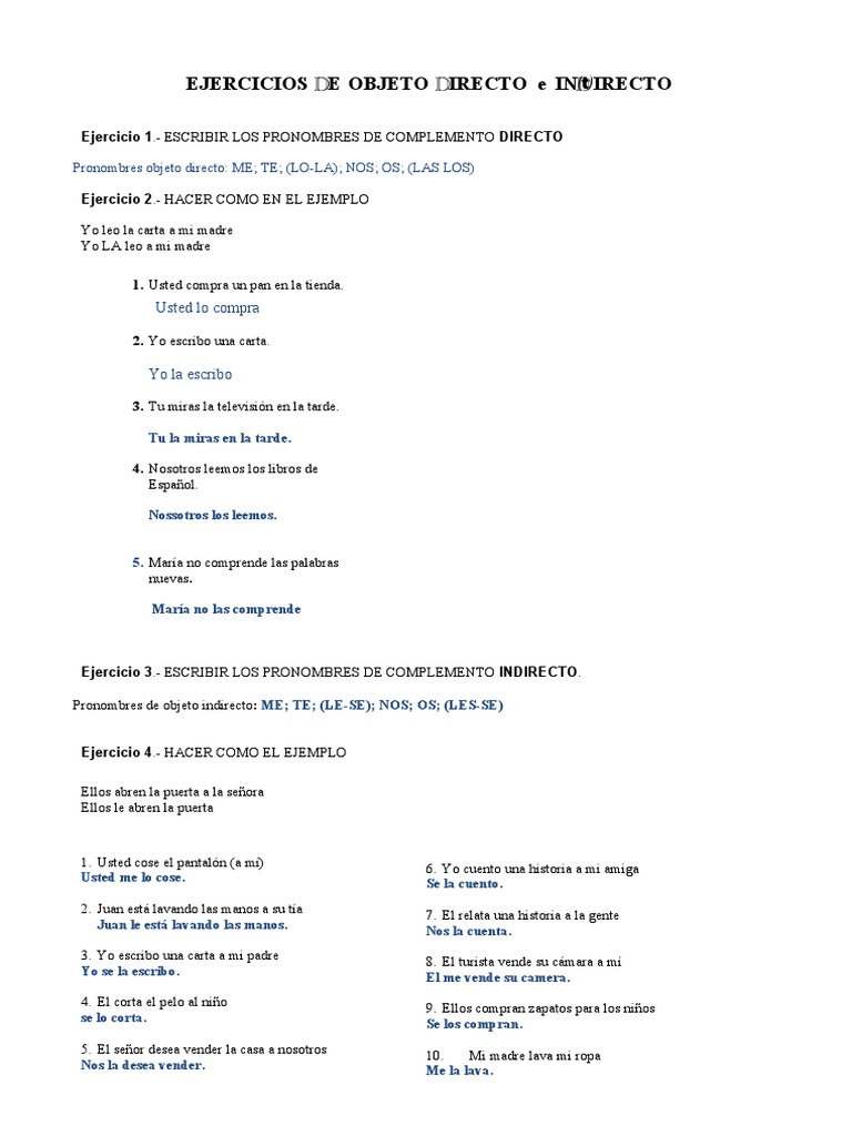 Ejercicios de Objetos Directo e Indirecto | PDF | Objeto (gramática)