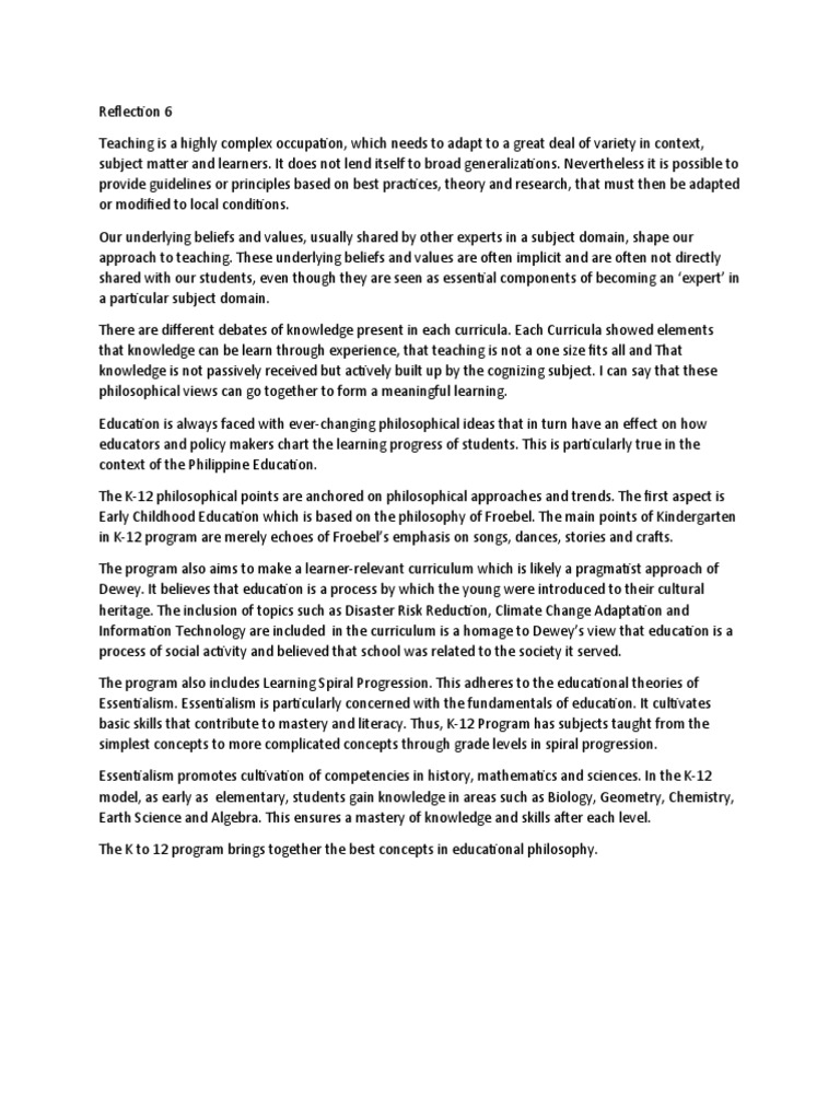 Reflection 6 | PDF | Curriculum | Philosophy Of Education