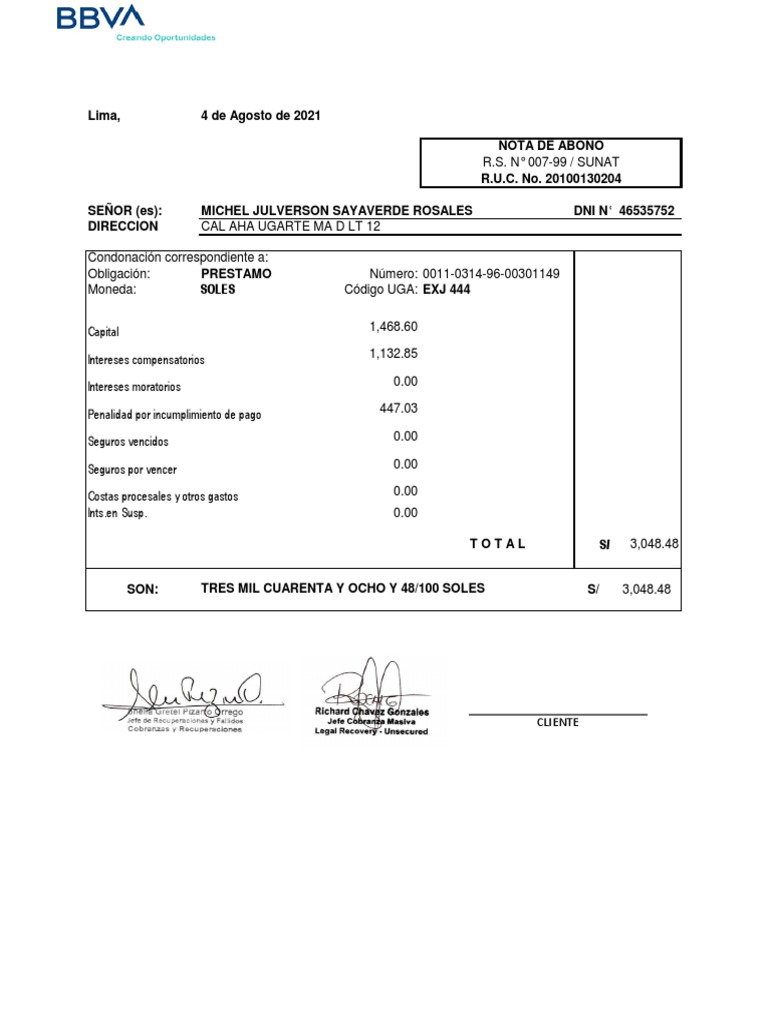 Nota de Abono - Michel Julverson Sayaverde Rosales | PDF