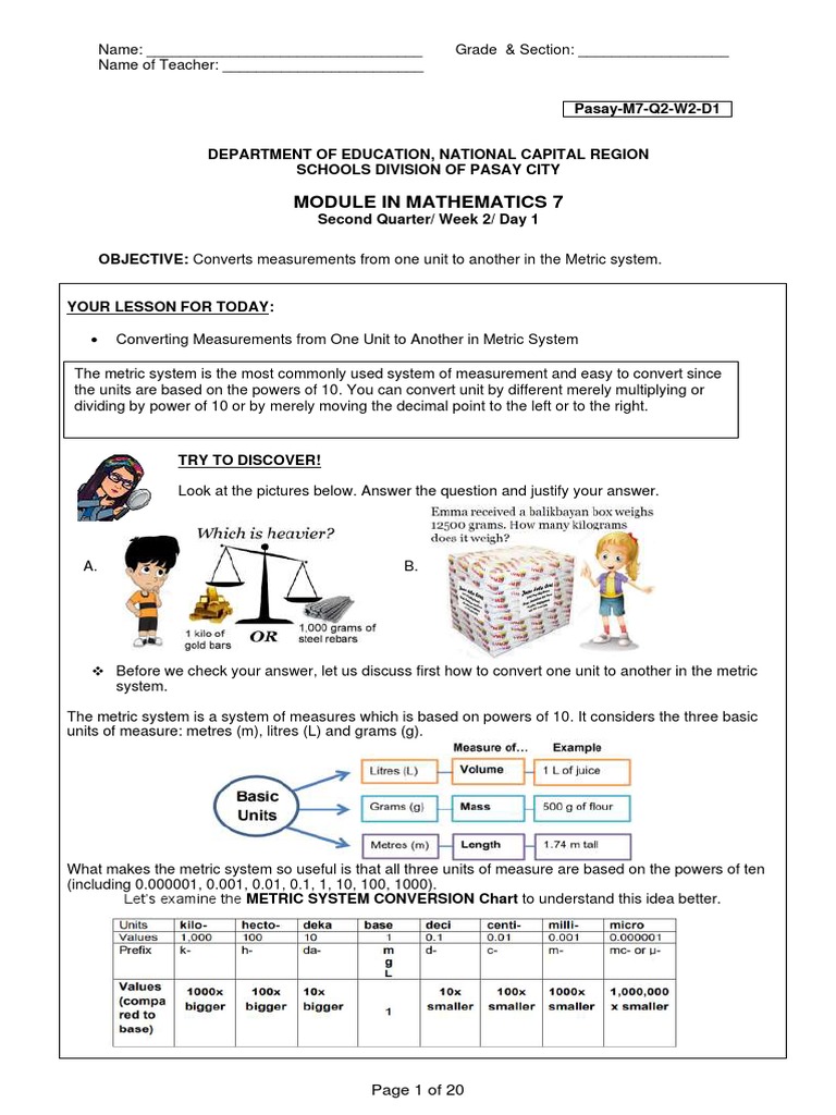 Module in Mathematics 7: Pasay-M7-Q2-W2-D1 | PDF | Ounce | Litre