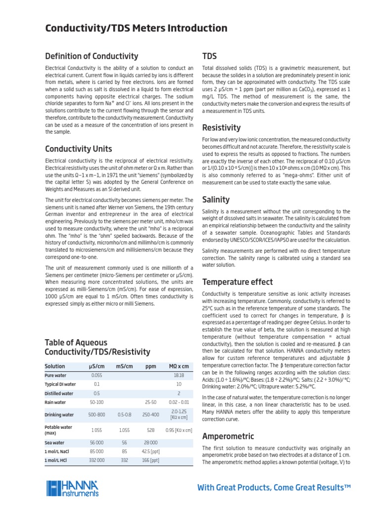 Conductivity TDS Meters Introduktion | PDF | Electrical Resistivity And ...