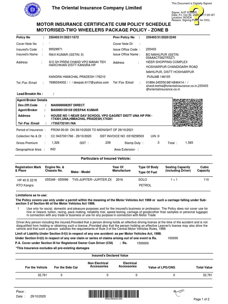 The Oriental Insurance Company Limited: Particulars of Insured Vehicle ...