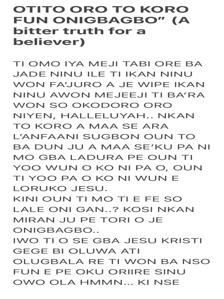 Otito Oro To Koro Fun Onigbagbo" (A Bitter Truth For A Believer | PDF