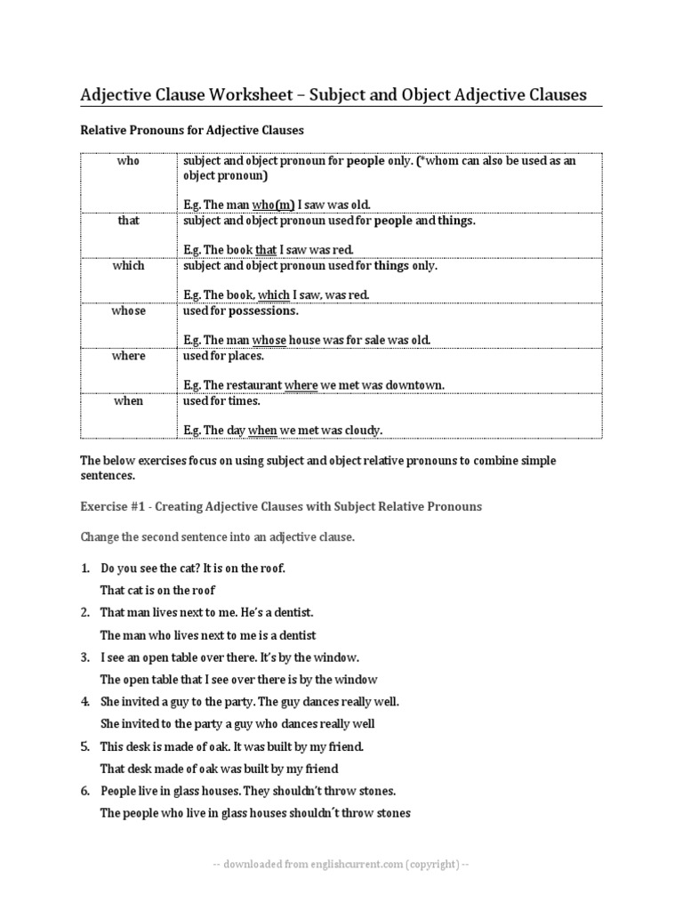 Adjective Clause Worksheet - Subject and Object Adjective Clauses ...