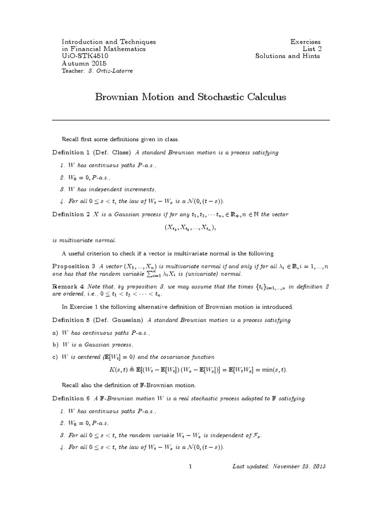 Solution Exercises List 2 Brownian Motion And Stochastic Calculus Pdf