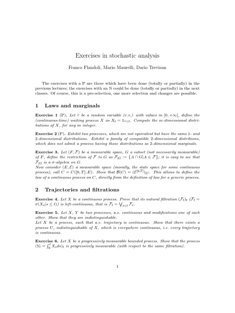 Exercises in Stochastic Analysis: 1 Laws and Marginals | PDF ...