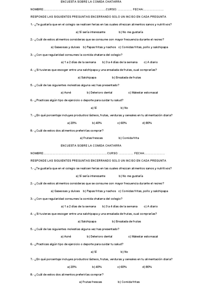 Encuesta sobre comida chatarra y saludable | PDF | Comida chatarra ...