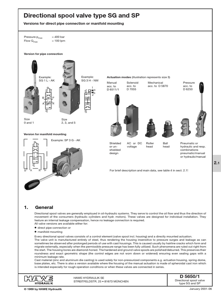 Directional Spool Valve Type SG and SP: Versions For Direct Pipe ...