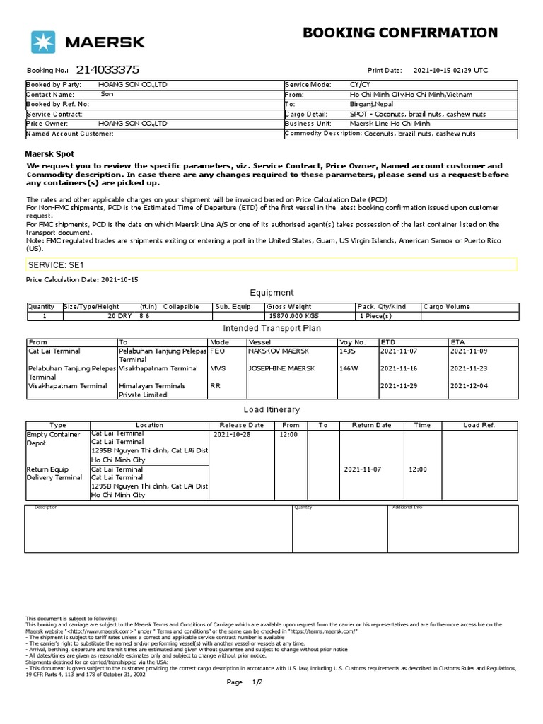 Booking Confirmation: Maersk Spot | PDF | Cargo | Bill Of Lading