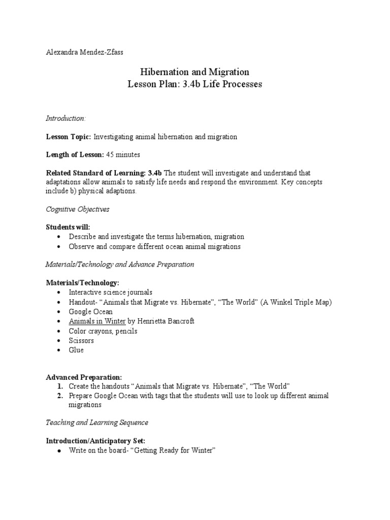 Migration - Hibernation 3.4b Lesson Plan | PDF | Cognition