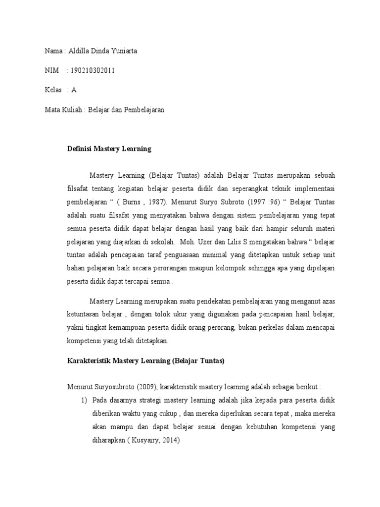 Definisi, Karakteristik Mastery Learning | PDF