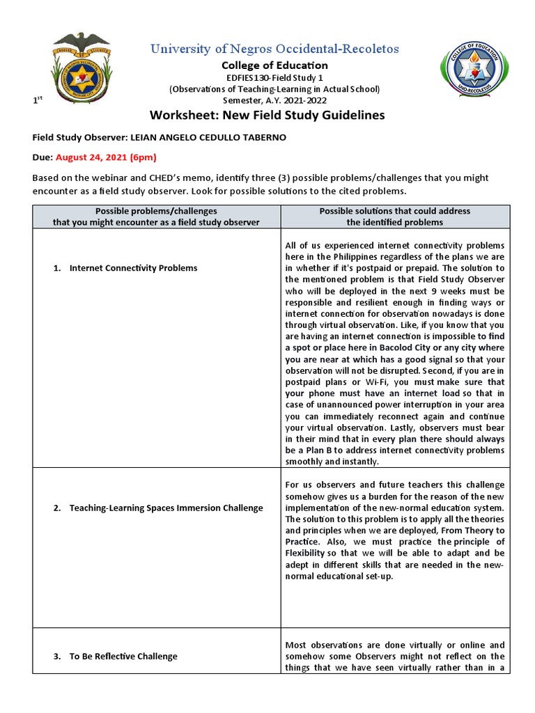 Worksheet: New Field Study Guidelines: University of Negros Occidental ...