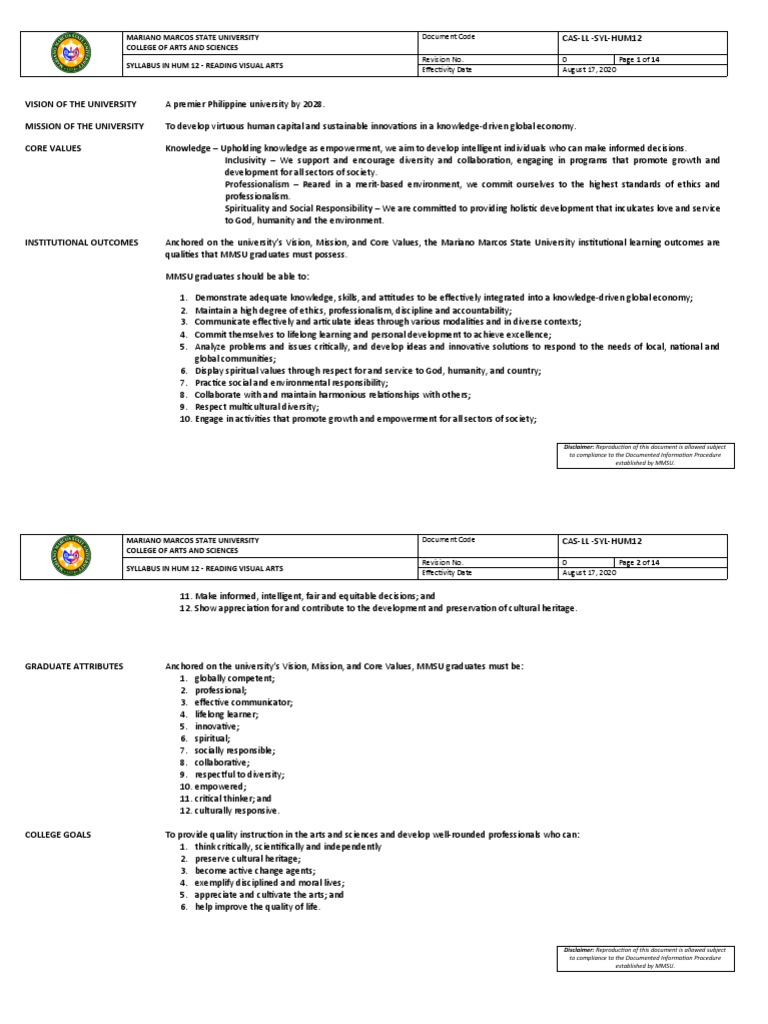 HUM 12: Reading Visual Arts Syllabus | PDF | Test (Assessment) | Plagiarism