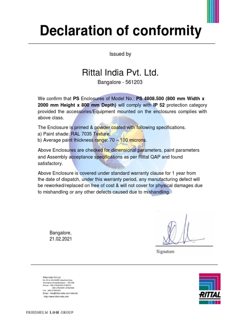 Declaration of Conformity: Rittal India Pvt. LTD | PDF