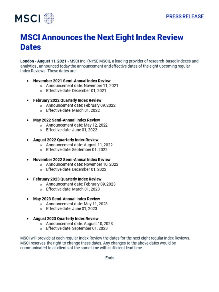 MSCI Announces The Next Eight Index Review Dates: Press Release | PDF ...