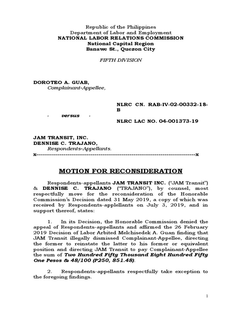 Motion For Reconsideration: Fifth Division | PDF | Employment | Labour Law