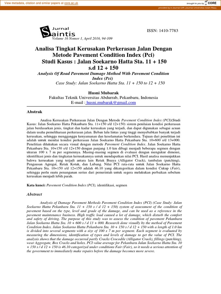 Analisa Tingkat Kerusakan Perkerasan Jalan Dengan Metode Pavement Condition Index (Pci) Studi ...