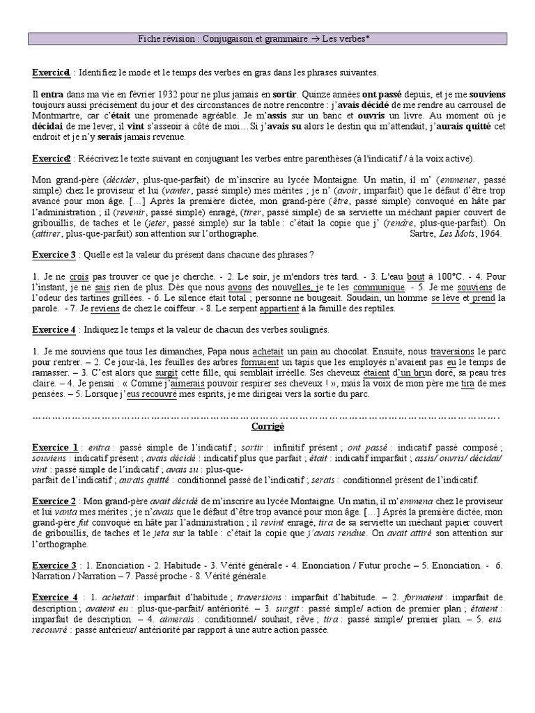 Fiche de révision : Conjugaison des verbes | PDF | Verbe | Mécanique du ...