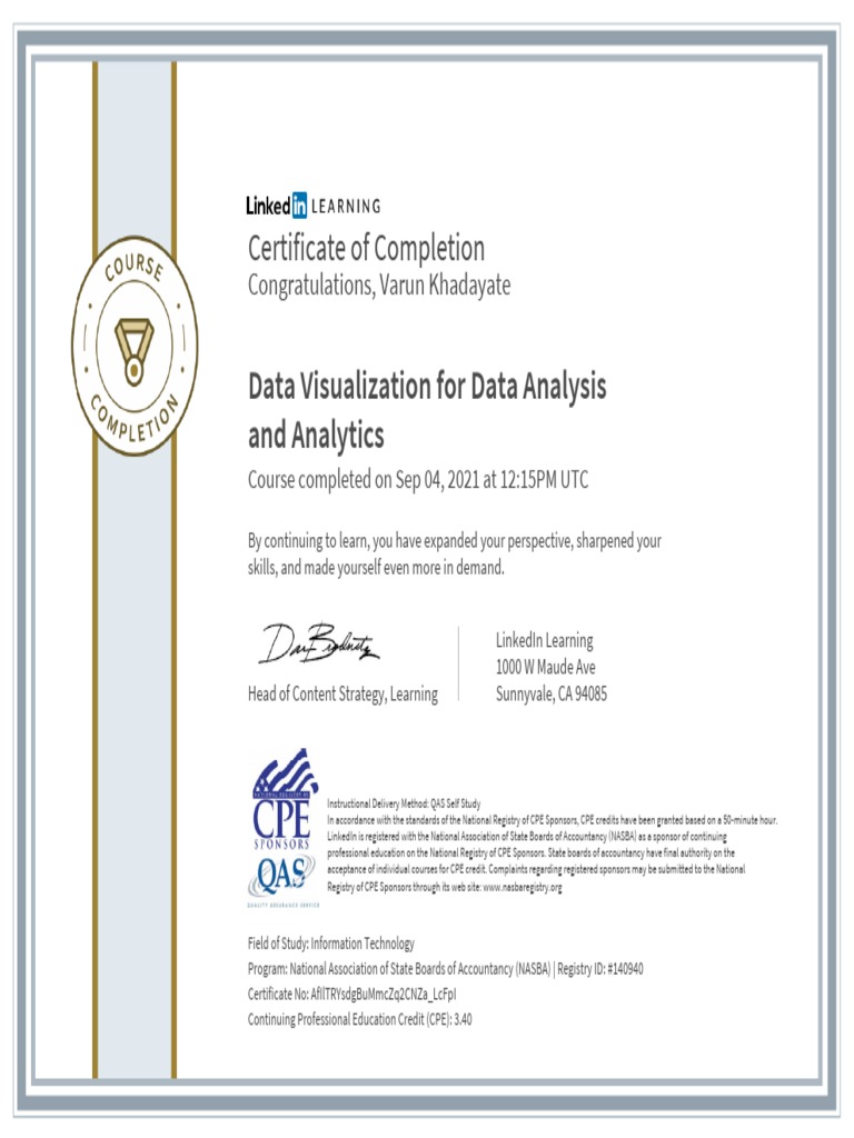 CertificateOfCompletion - Data Visualization For Data Analysis and Analytics (NASBA) | PDF