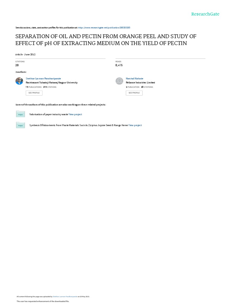 Separation of Oil and Pectin From Orange Peel and | PDF | Filtration ...