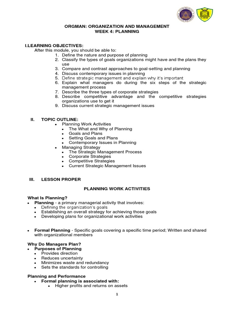 ORGMAN Week 4 Module Planning | PDF | Strategic Management | Goal