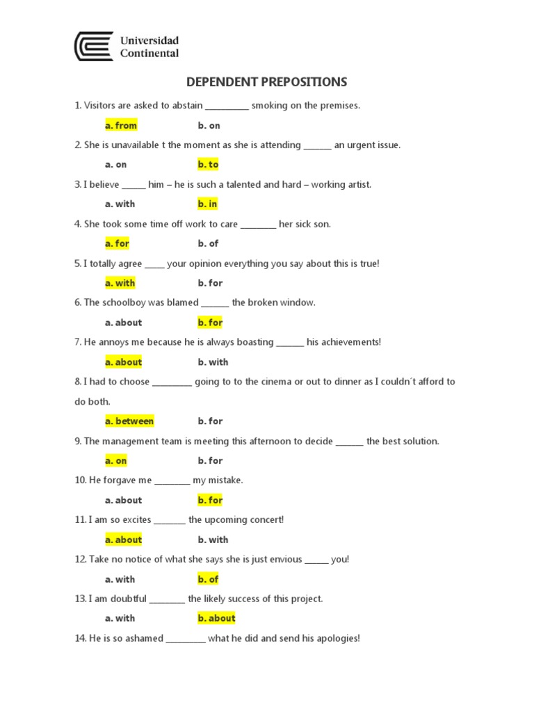 Dependent Prepositions Practice Exercises | PDF