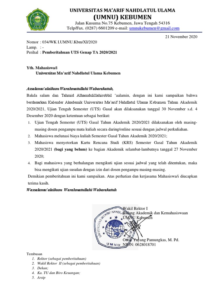 Pemberitahuan Uts Gasal Mahasiswa | PDF