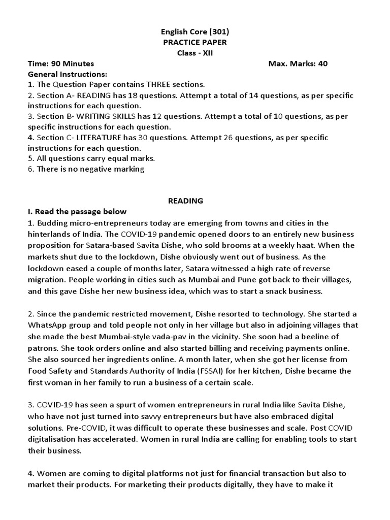 Class 12 English Practice Paper 01 | PDF | Healthy Diet | Diet (Nutrition)