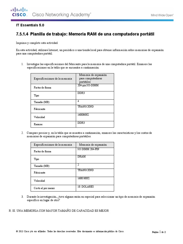 7.5.1.4 Worksheet - Laptop RAM | PDF | Memoria de acceso aleatorio ...