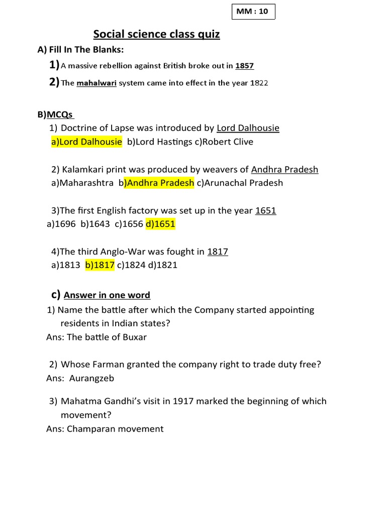 Social Science Class Quiz 1) 2) : A) Fill in The Blanks | PDF | History
