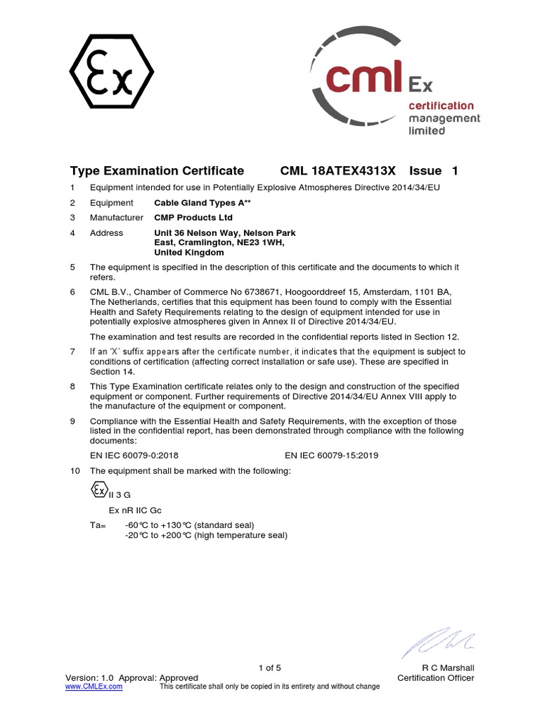 Type Examination Certificate CML 18ATEX4313X Issue 1: Cable Gland Types ...