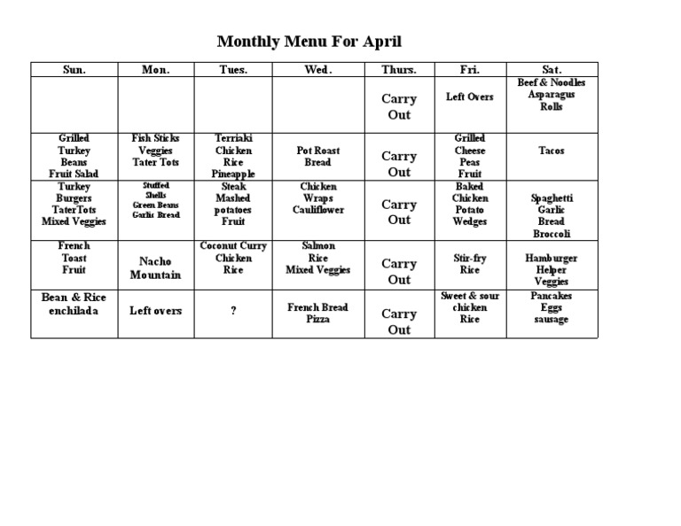 April Menu | PDF | Cooking, Food & Wine