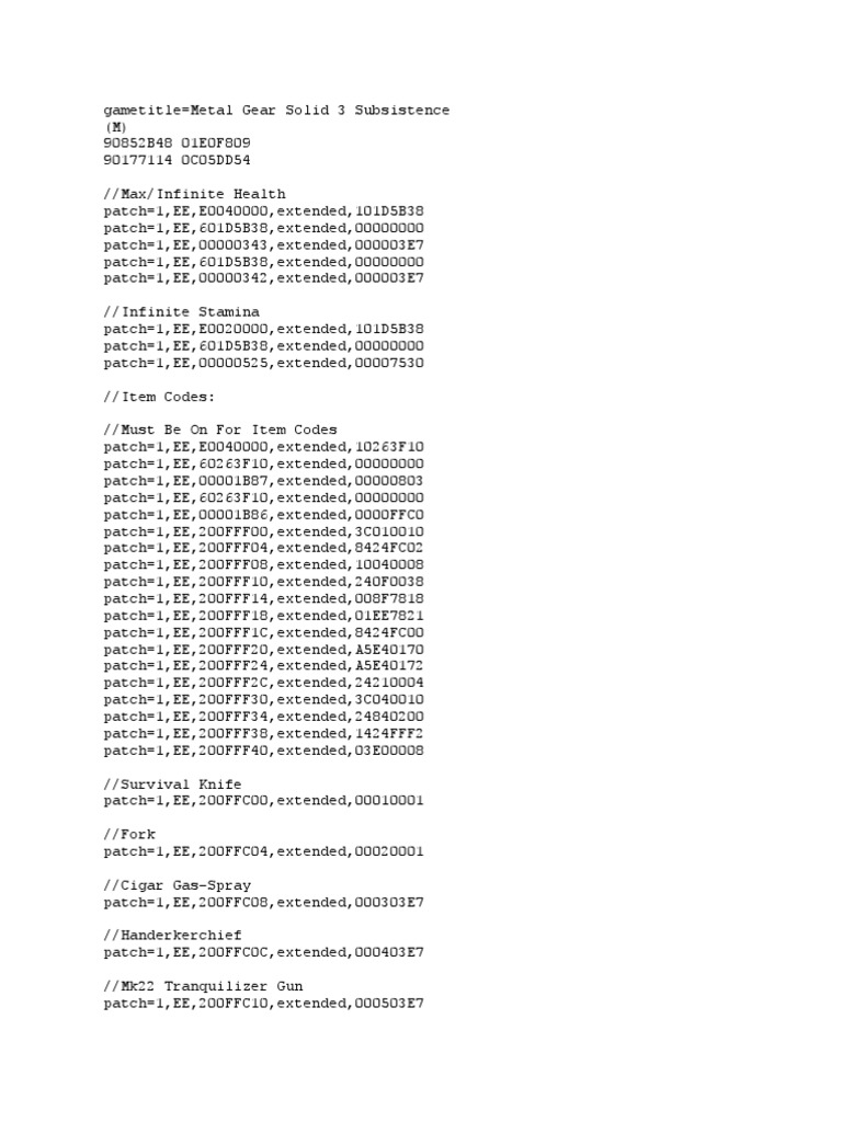 MGS3 Subsistence Cheat Codes | PDF | Firearms | Military Science