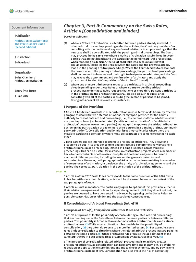 Chapter 3, Part II Commentary On The Swiss Rules, Article 4 (Consolidation and Joinder) | PDF ...