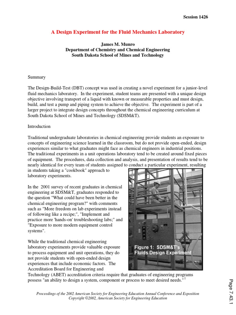 A Design Experiment For The Fluid Mechanics Laboratory: Session 1426 ...