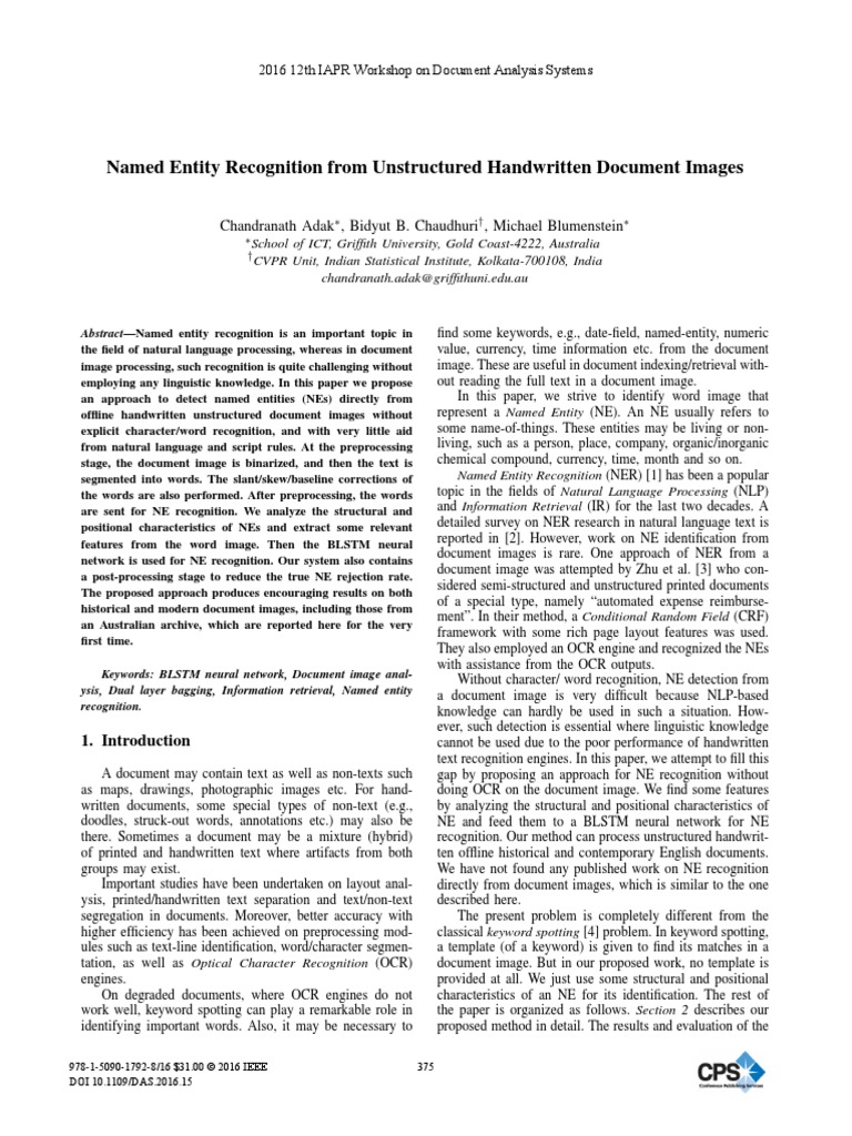 Named Entity Recognition From Unstructured Handwritten Document Images ...