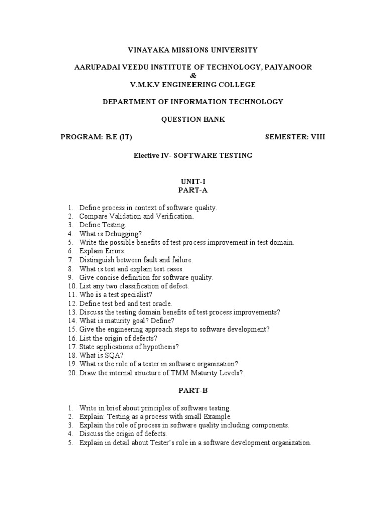 Software Testing Question Bank For B E It Eighth Semester Elective On Software Testing Pdf