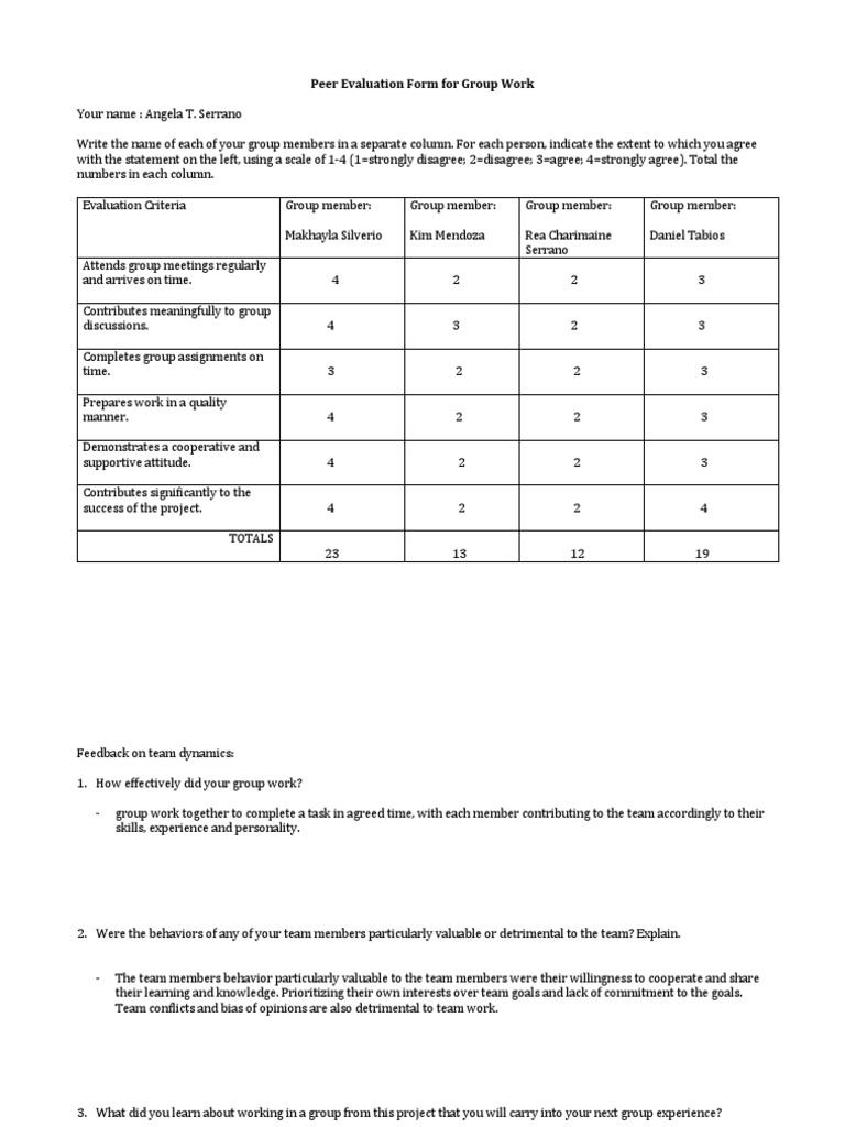 Peer Evaluation Form For Group Work | PDF | Goal | Psychology