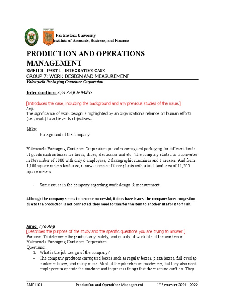 Midterm Part 1 Integrative Case Study | PDF | Packaging And Labeling | Operations Management