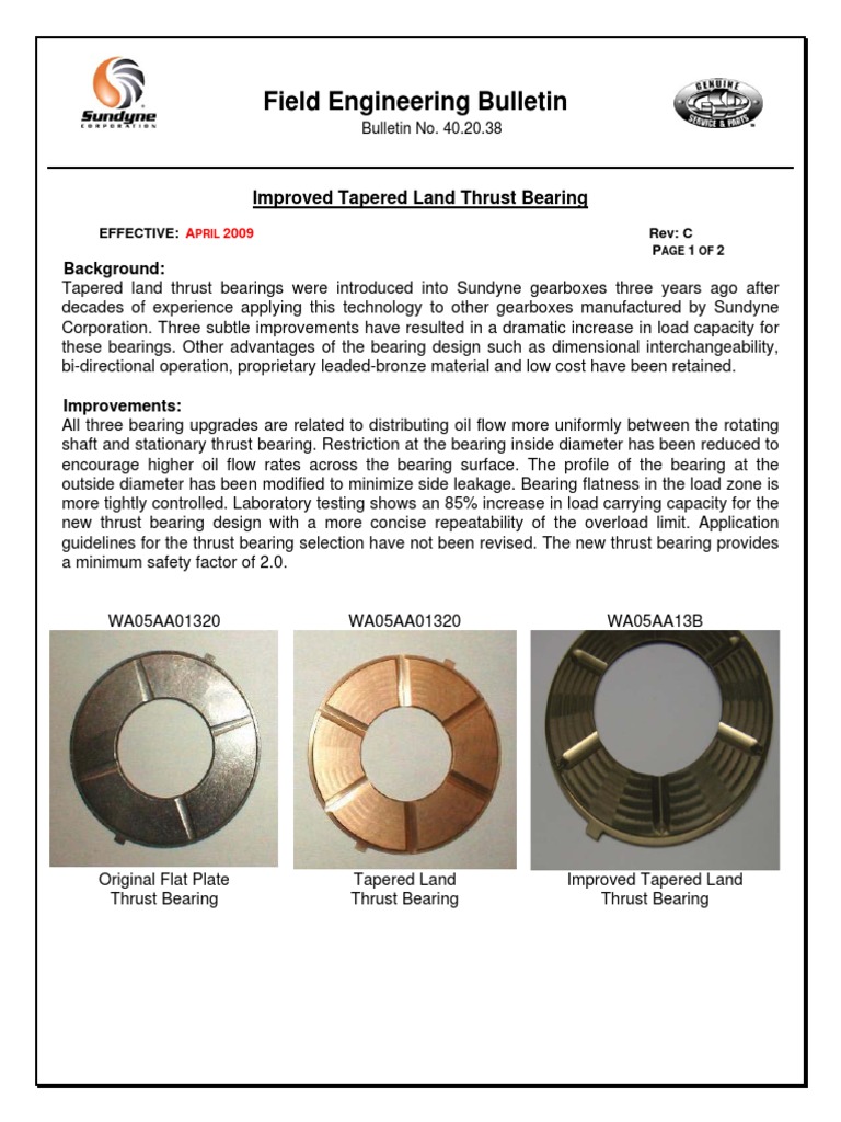 Field Engineering Bulletin: Improved Tapered Land Thrust Bearing | PDF ...
