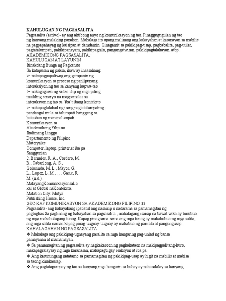 Kahulugan NG Pagsasalita | PDF