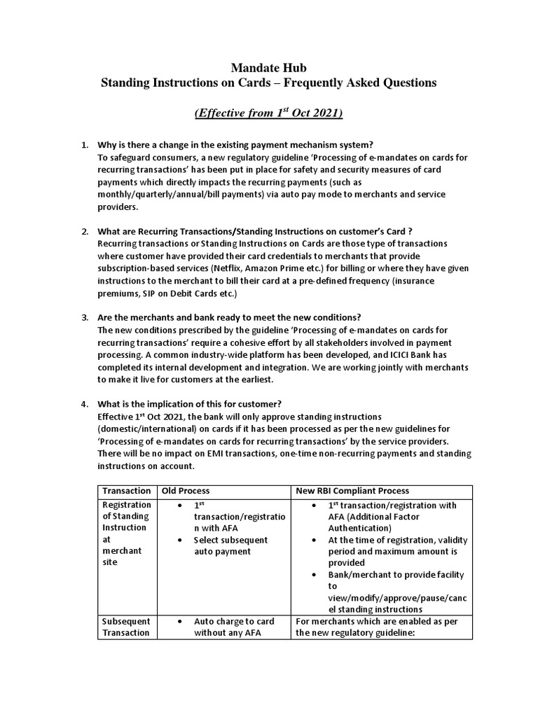 Mandate Hub Standing Instructions On Cards - Frequently Asked Questions ...