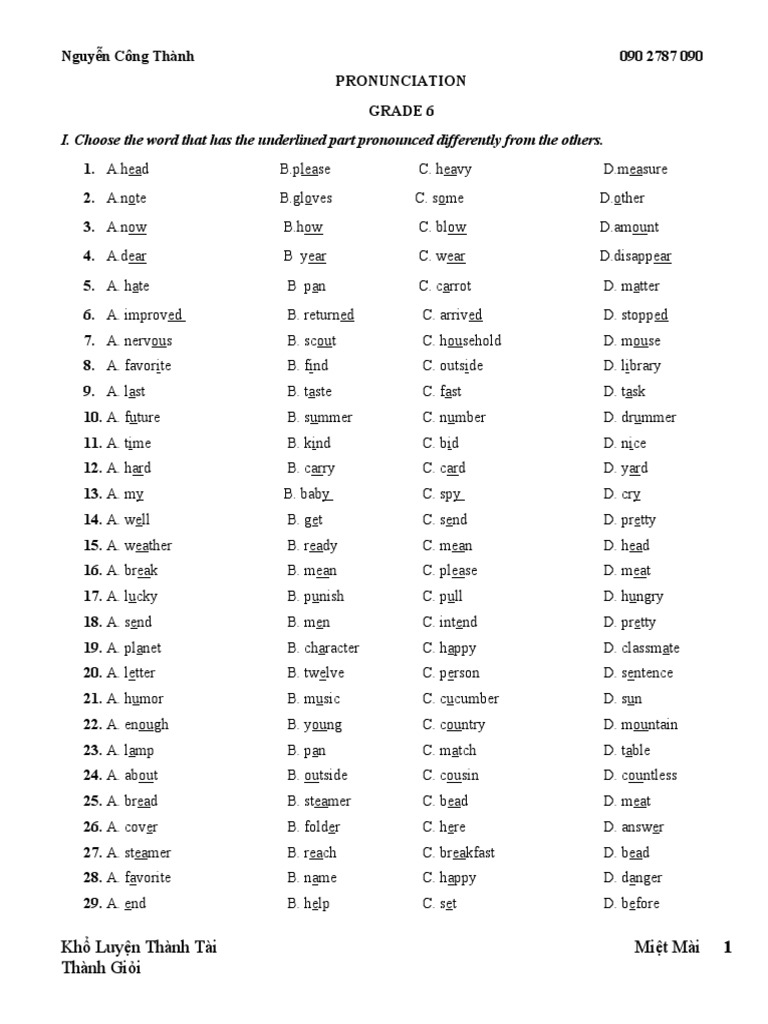 Grade 6 Pronunciation Exercises | PDF