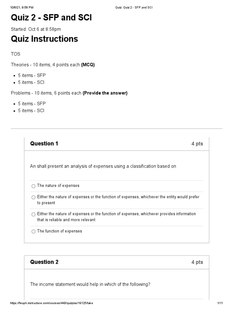 Quiz 2 - SFP and SCI Quiz Instructions | PDF | Income Statement | Expense