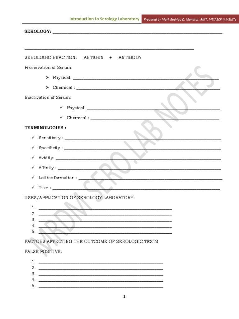 Notes in Intro. To Sero. Lab | PDF | Serology | Biology